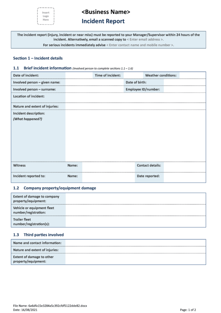 10 10 10 Sms Template Incident Report Form