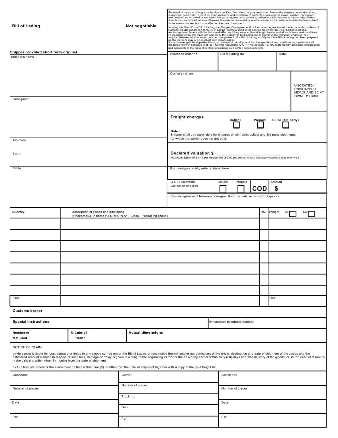 10 Blank Bill Of Lading Templates (10% FREE) – TemplateArchive In Blank ...