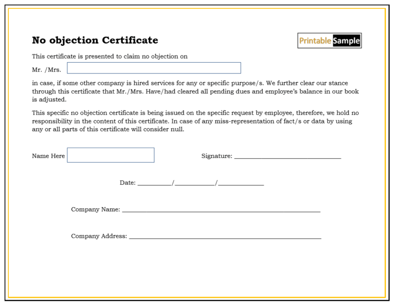 10 Free Sample No Objection Certificate Templates – Printable Samples ...