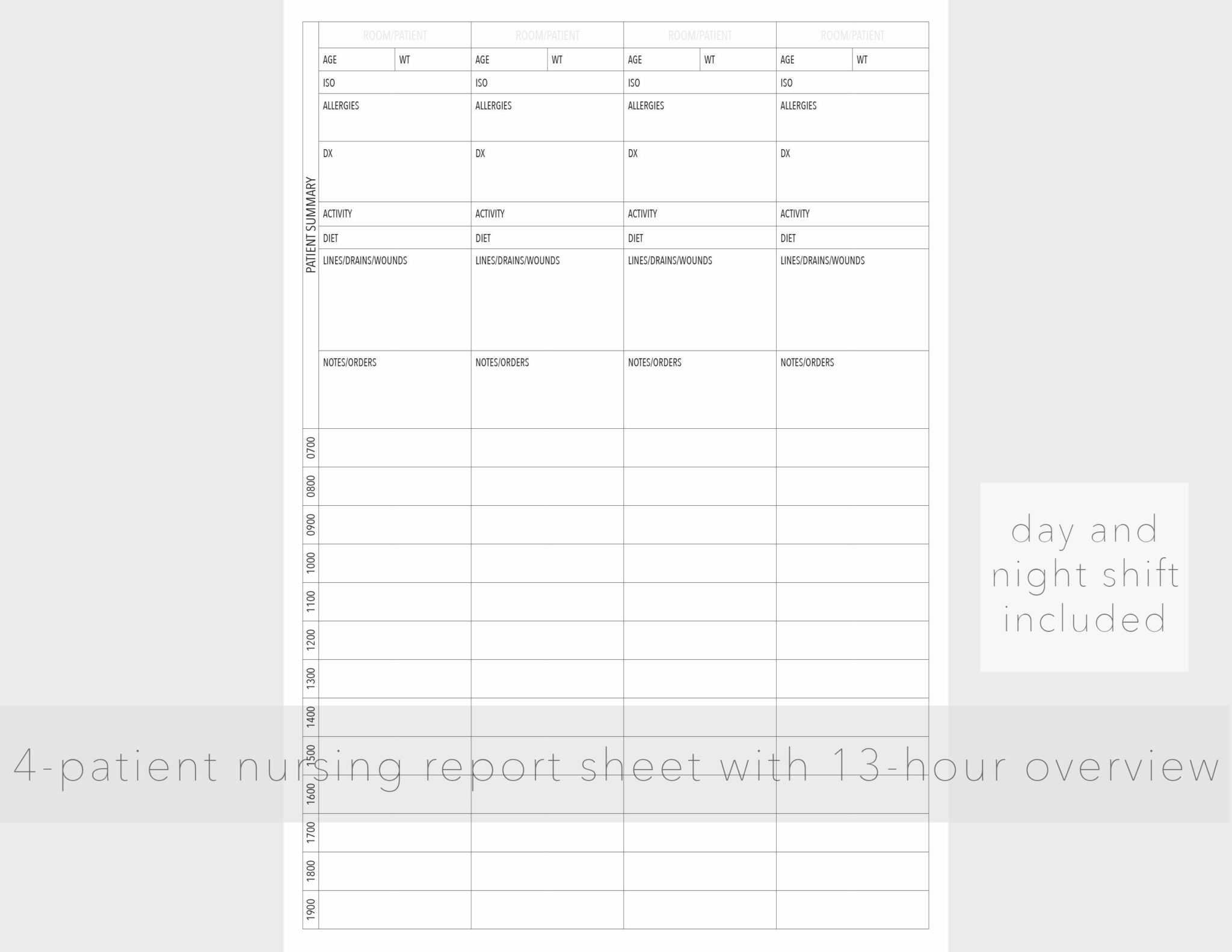 10 Patient Nursing Report Sheet With 10 Hour Overview For Nurse Shift ...