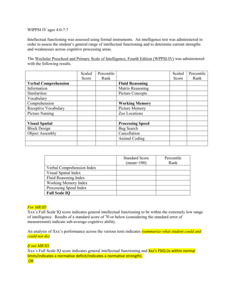 110 Cognitive Template WPPSI IV Ages 110 10 10 10 With Wppsi Iv Report ...