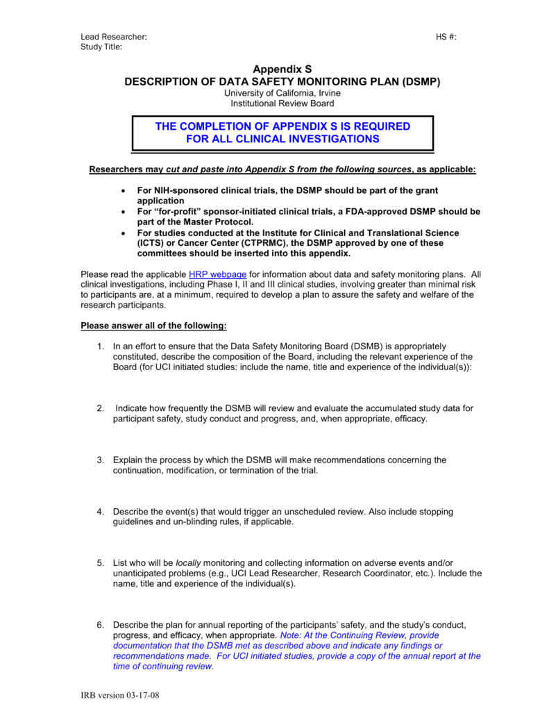Appendix S DESCRIPTION OF DATA SAFETY MONITORING PLAN (DSMP) Regarding ...