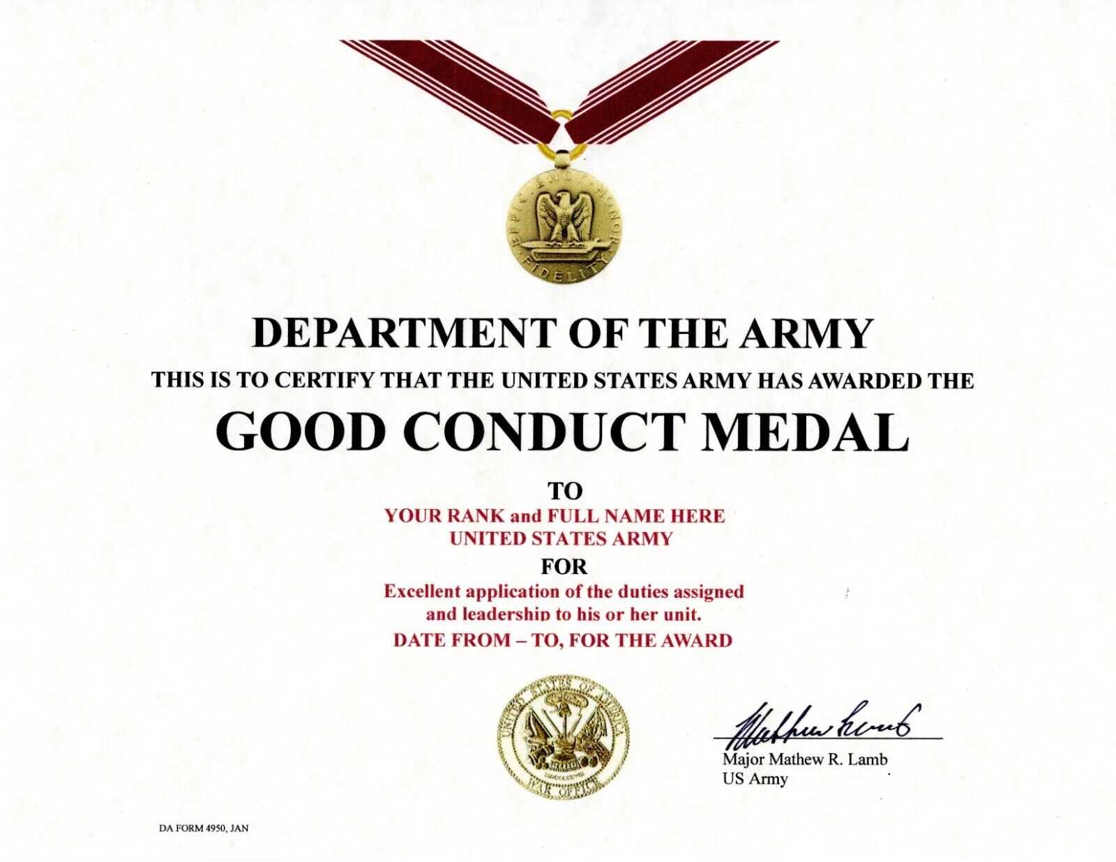 Army Good Conduct Medal Certificate Template - Rebeccachulew.com