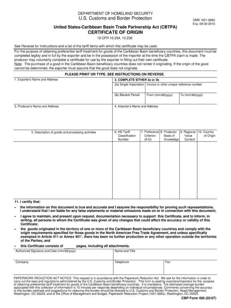 Blank Cbp Certificate Of Origin Template: Fill Out & Sign Online For ...