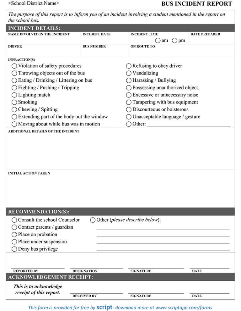 Bus Incident Report Form – Script For School Incident Report Template ...