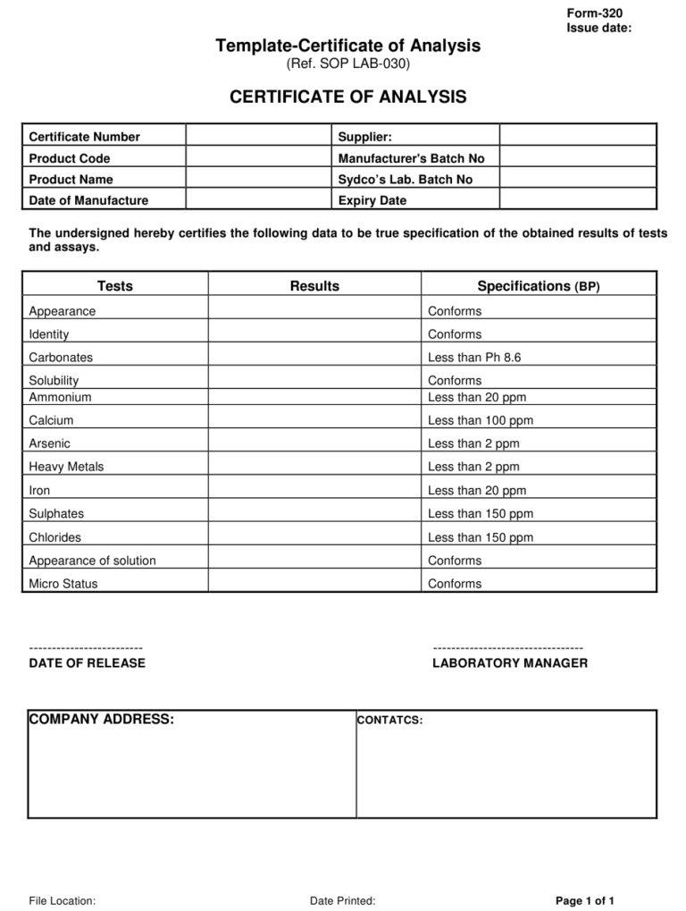 Certificate Of Analysis Template Download Printable PDF Throughout ...