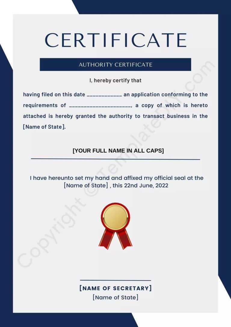 Certificate Of Authority Blank Printable Template In PDF & Word Regarding Certificate Of ...