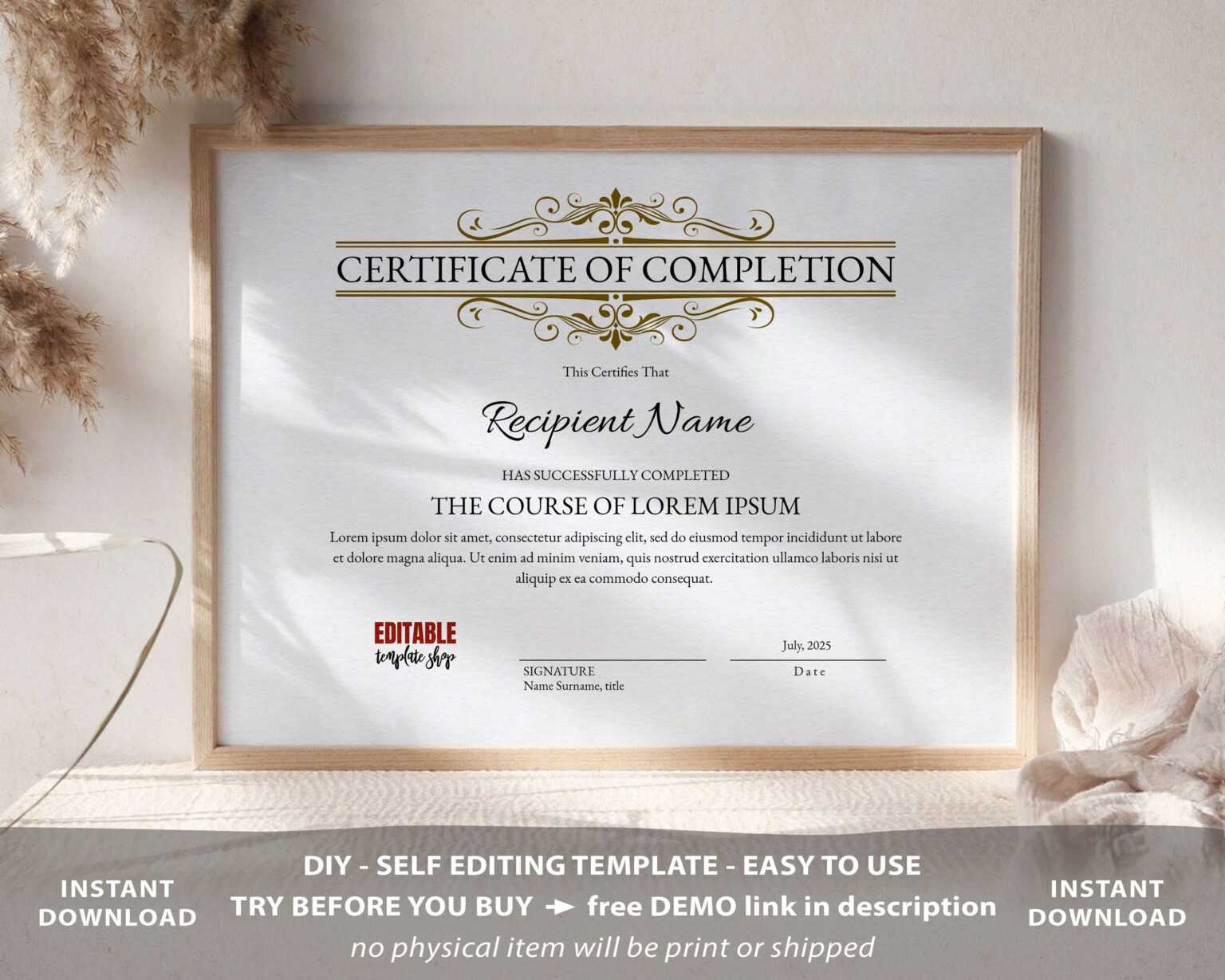 Completion Certificate Template Company Award Certificate – Etsy With ...