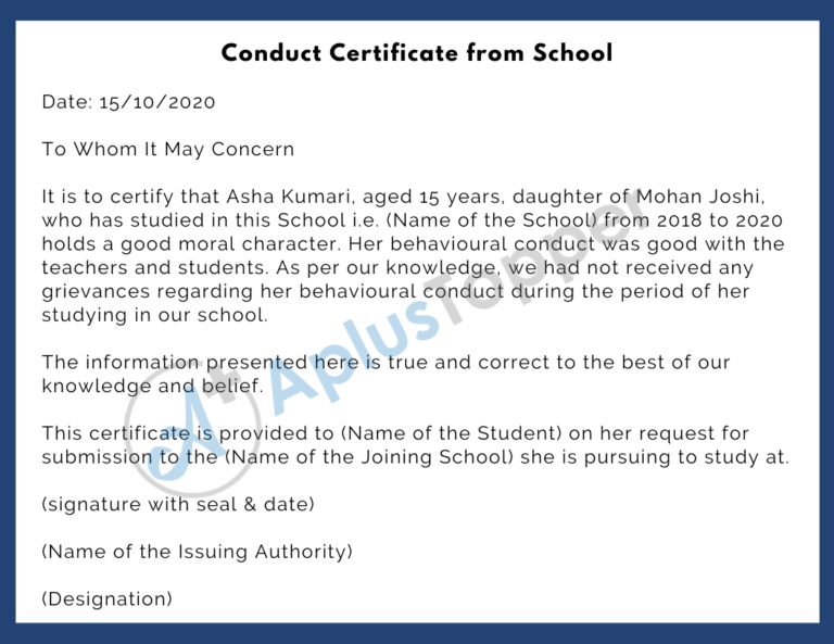 Conduct Certificate Format, Samples And How To Write Conduct Throughout ...