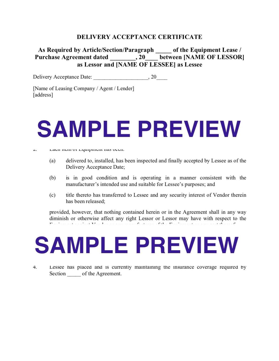 Delivery Acceptance Certificate For Leased Equipment Legal Forms For ...