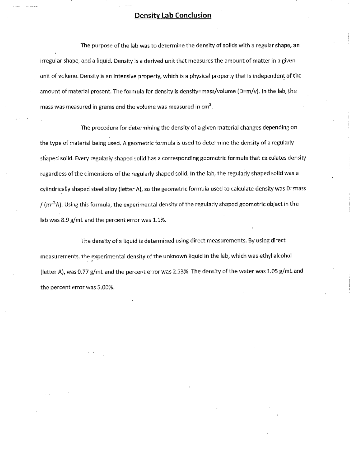 Density Lab Conclusion Lab Reports Chemistry Docsity Throughout Lab ...