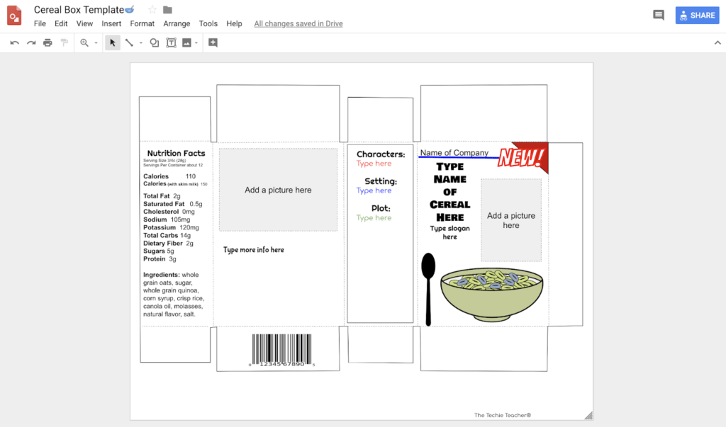 Design A Cereal Box In Google Drawing: Book Report Idea The Intended ...