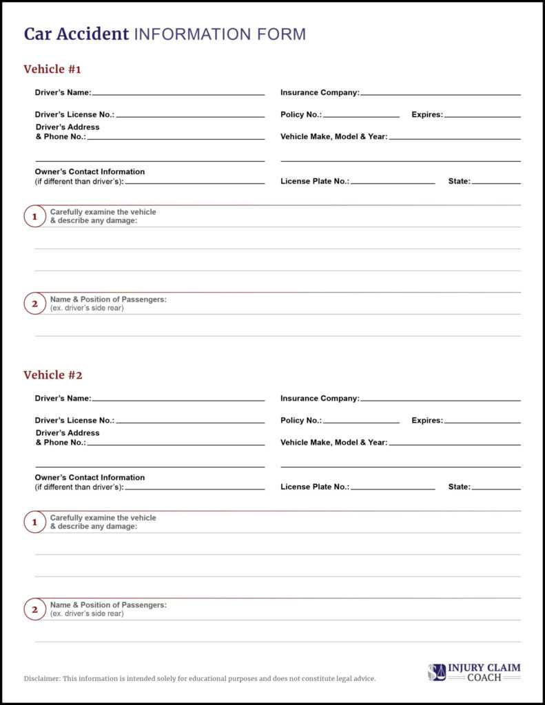 Downloadable Car Accident Information Form Regarding Vehicle Accident ...