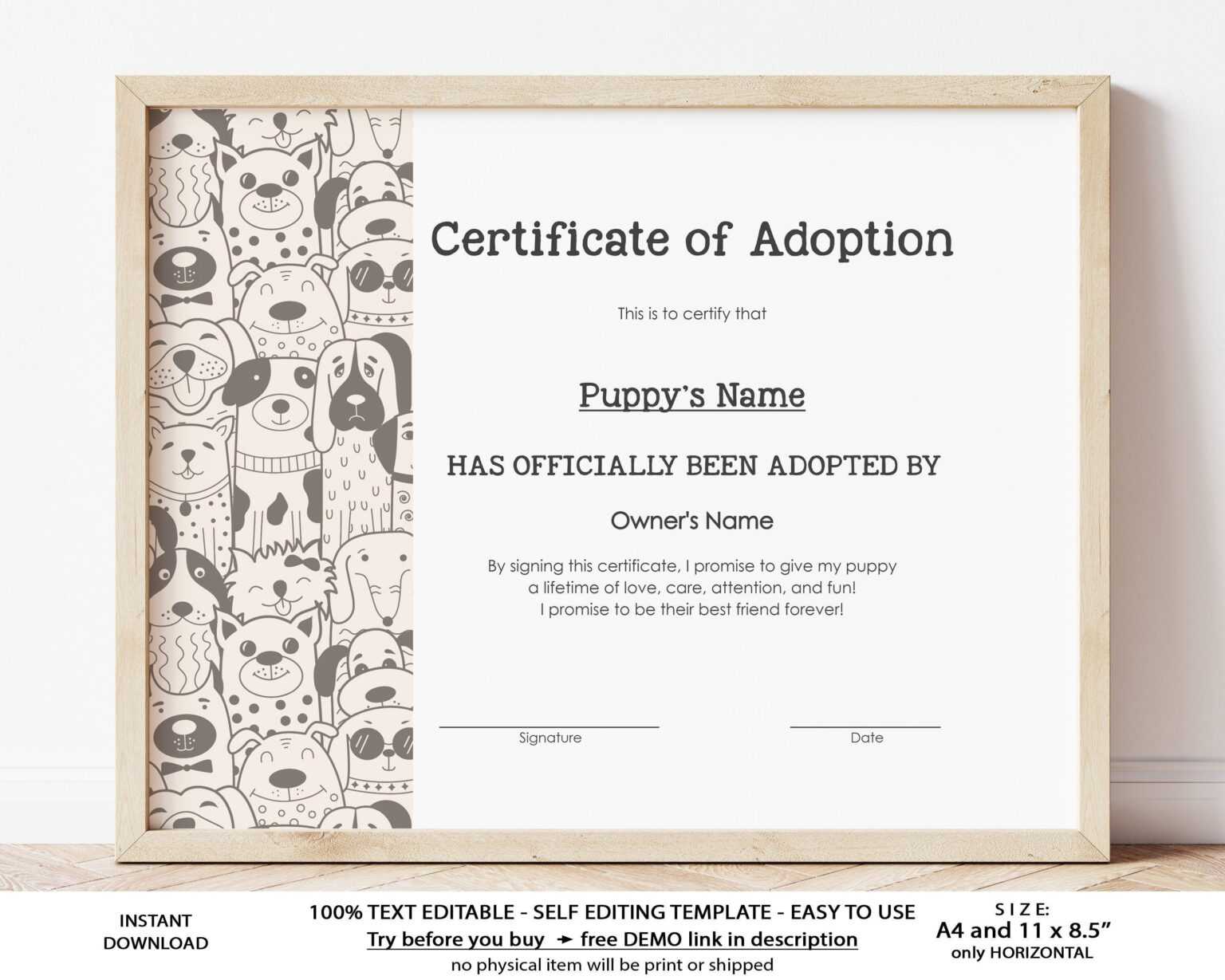EDITABLE Adoption Certificate Template Puppy Gift Adoption – Etsy In ...