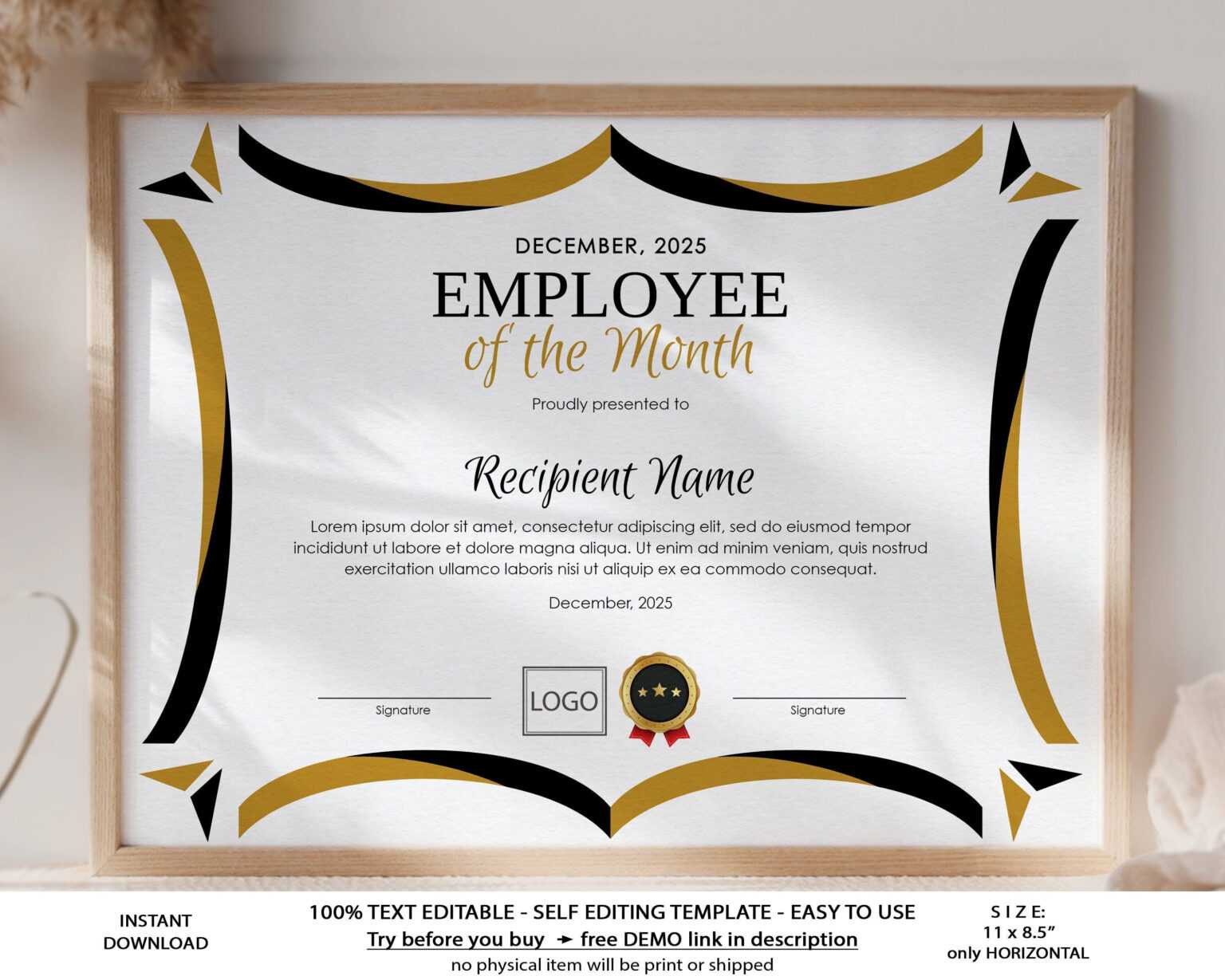 Editable Employee Of The Month Certificate Template Employee – Etsy ...