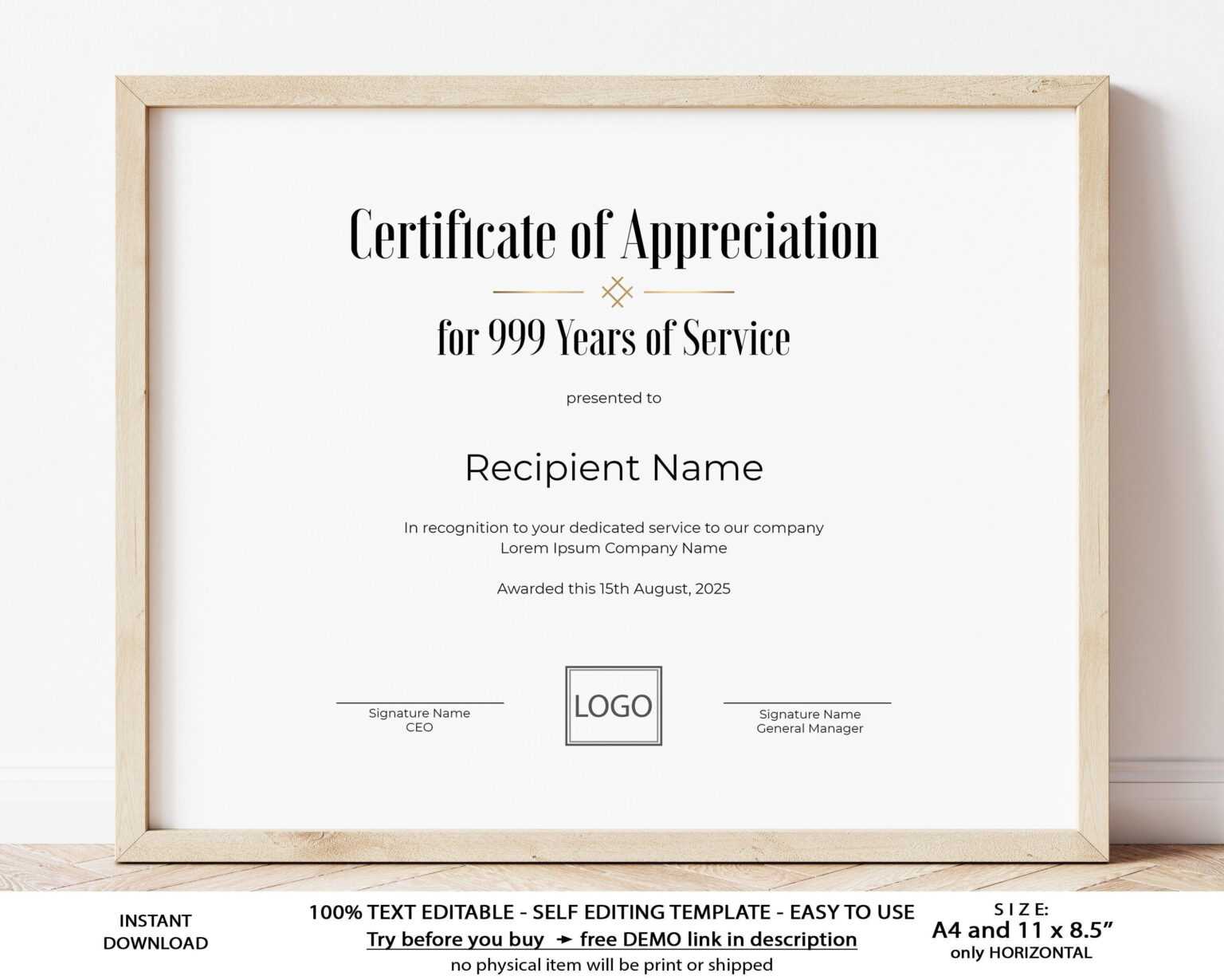 Editable Years Of Service Certificate Of Appreciation – Etsy ...