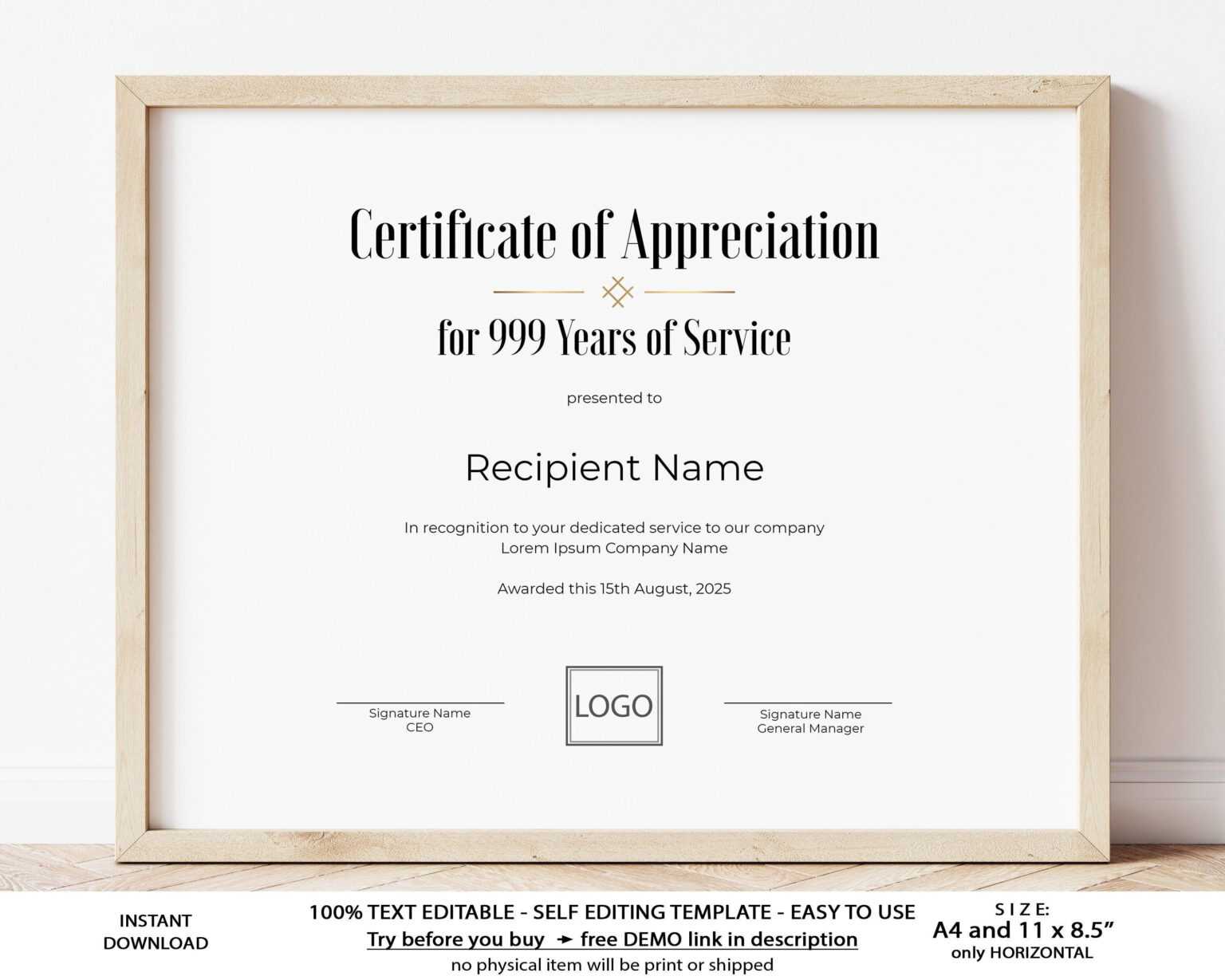 Editable Years Of Service Certificate Of Appreciation – Etsy With ...