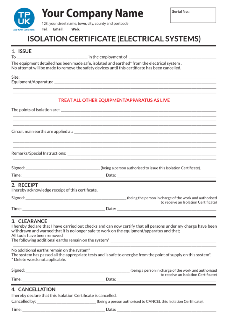 Electrical Isolation Certificate (EIC) Template For Print In Electrical ...