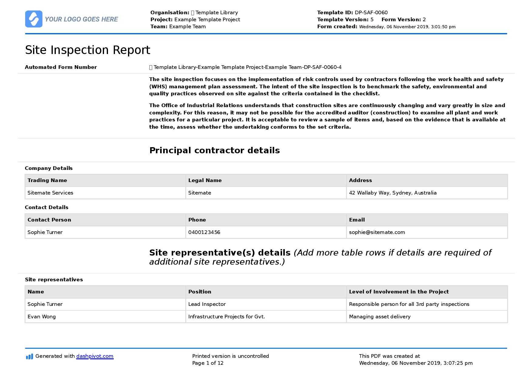 Field Inspection Report Template (Free To Use And Better For Intended ...