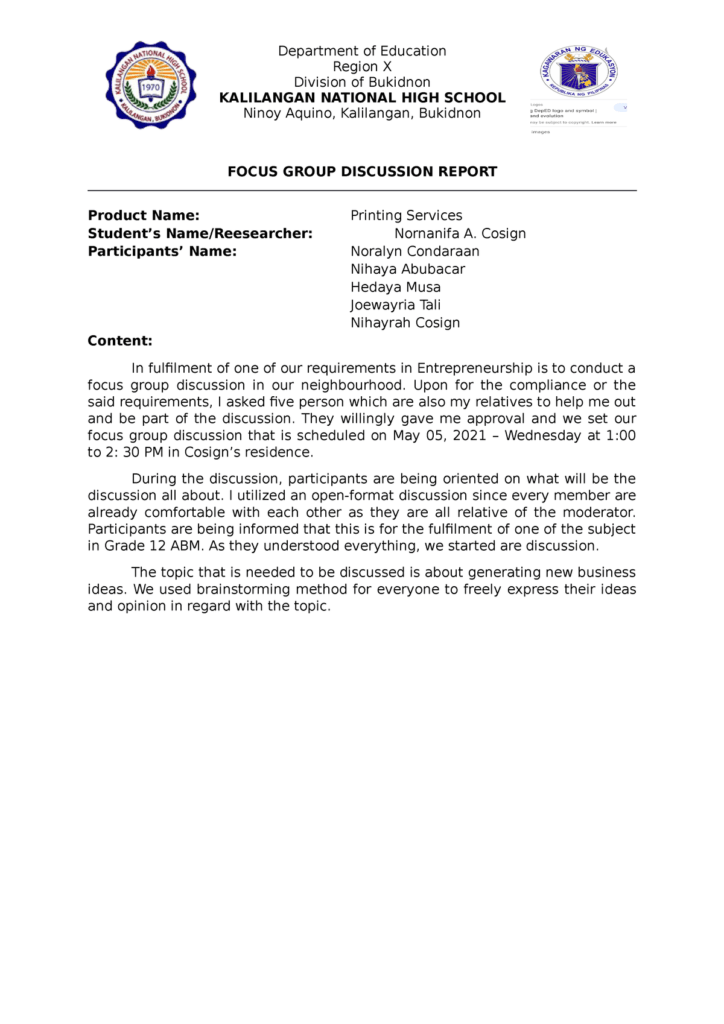 Focus Group Discussion Report – Department Of Education Region X ...