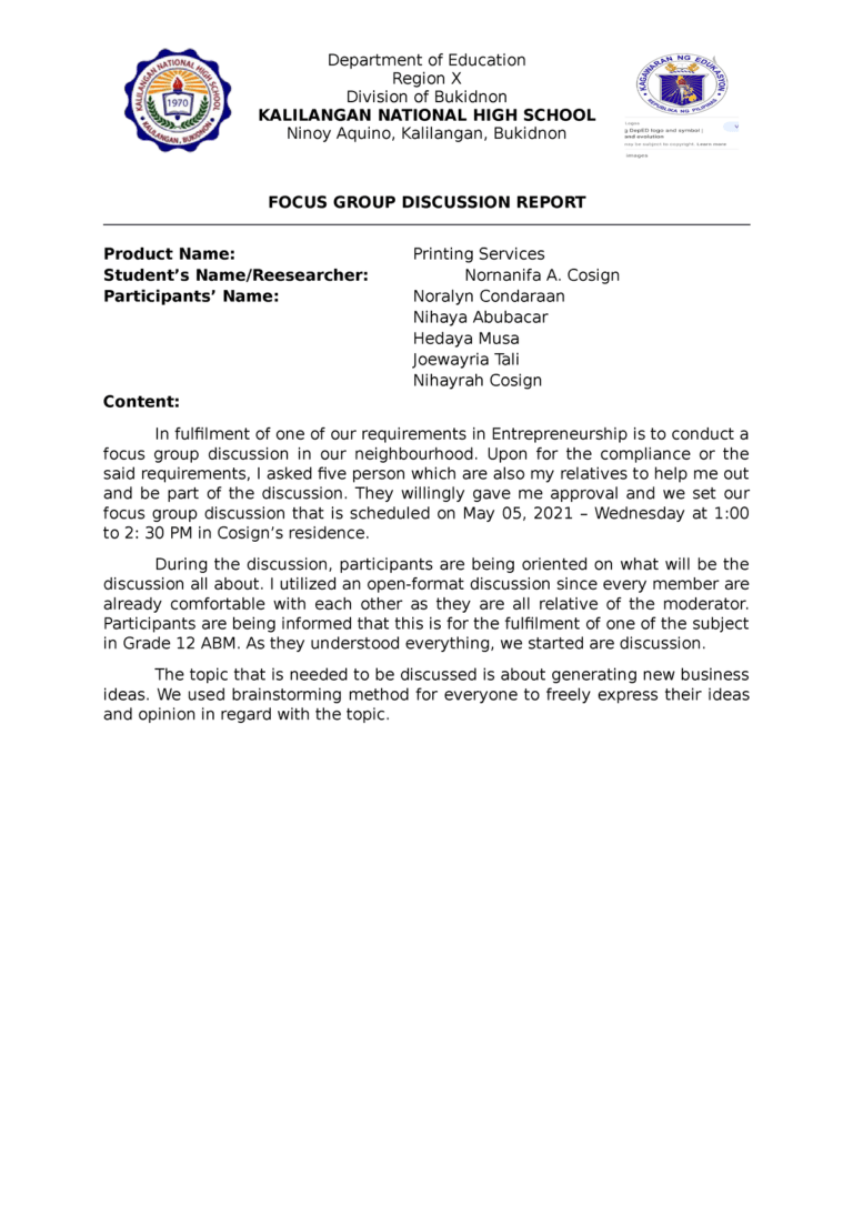 Focus Group Discussion Report – Department Of Education Region X ...