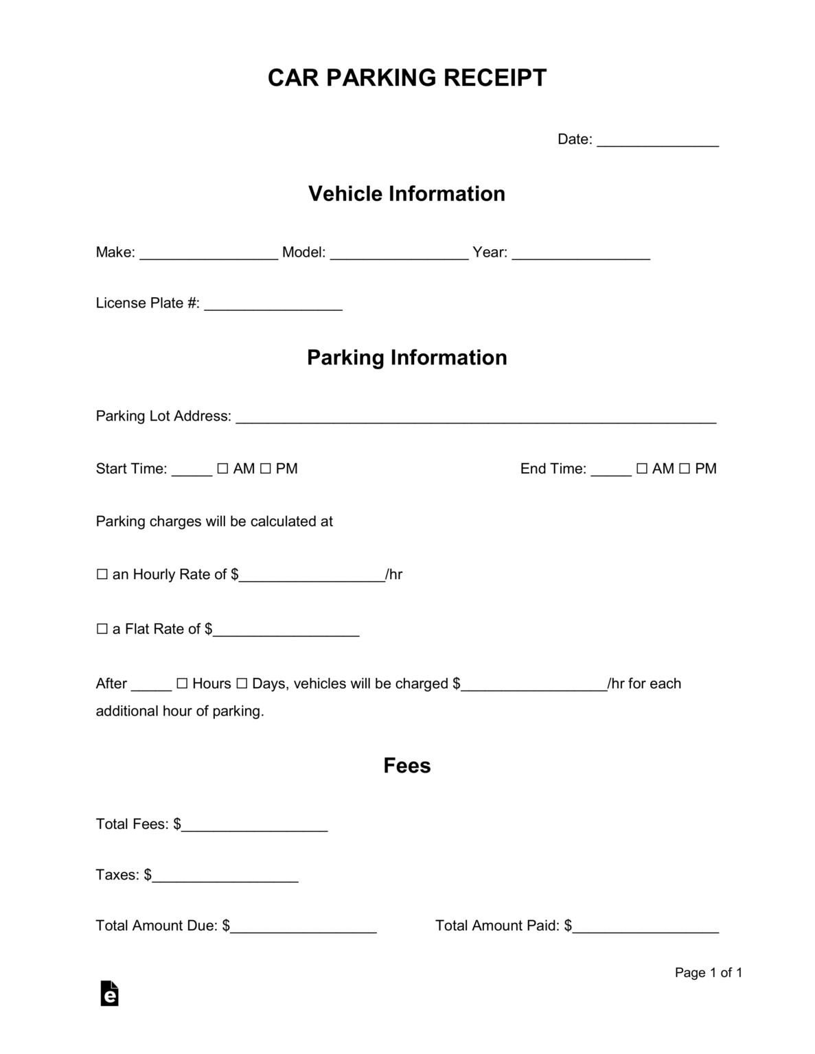 Free Car (Vehicle) Parking Receipt Template – Word PDF – EForms In ...