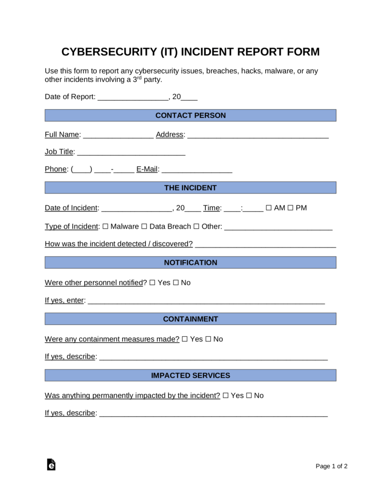 Free Cybersecurity (IT) Incident Report Template – PDF Word – EForms ...