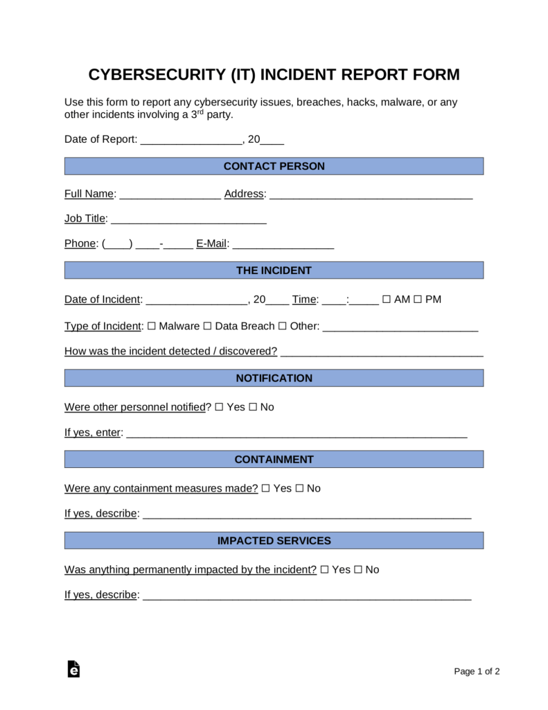 Free Cybersecurity (IT) Incident Report Template – PDF Word – EForms ...