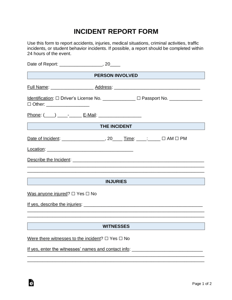 Free Incident Report Templates (10) Sample – PDF Word – EForms Intended ...
