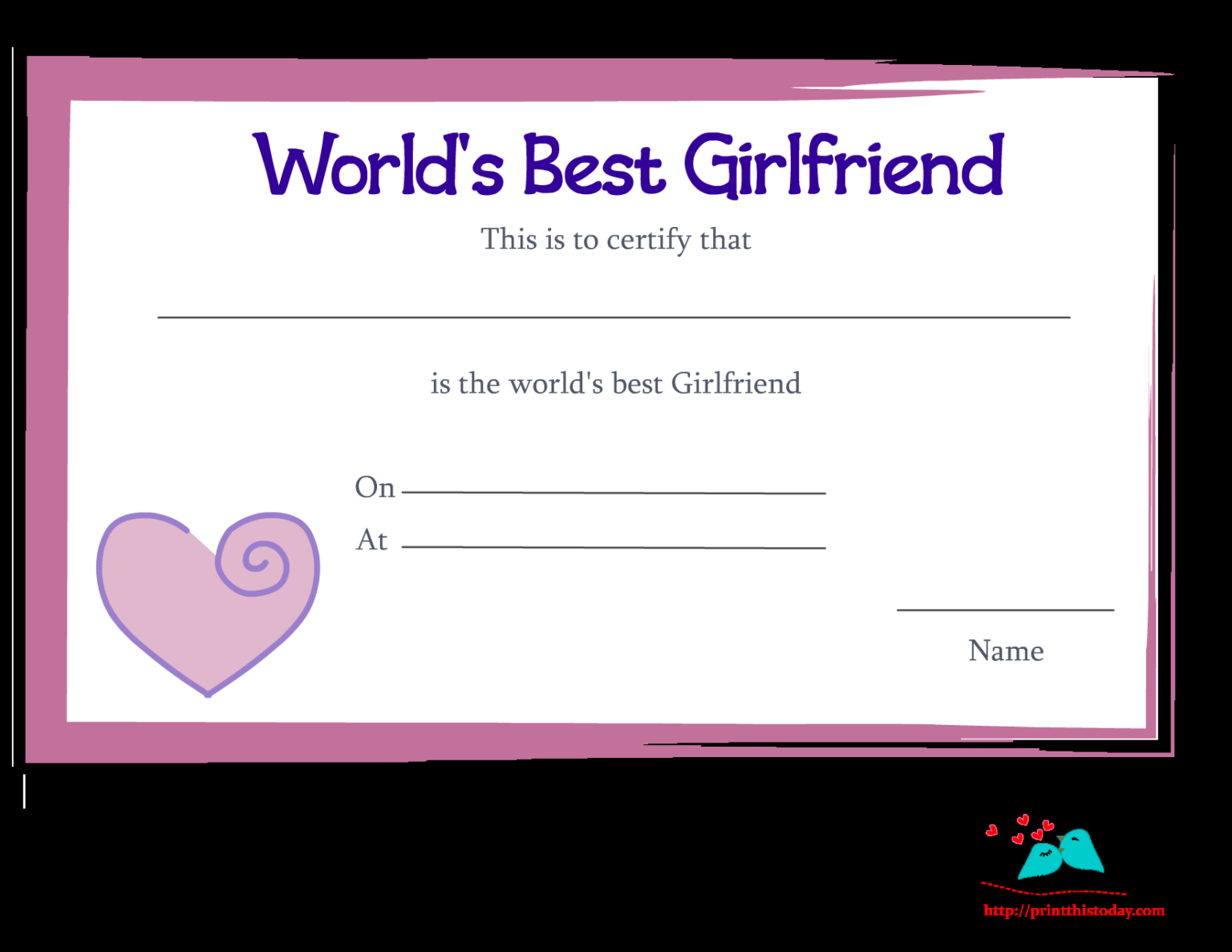 Free Printable World’s Best Girlfriend Certificates Within Love ...