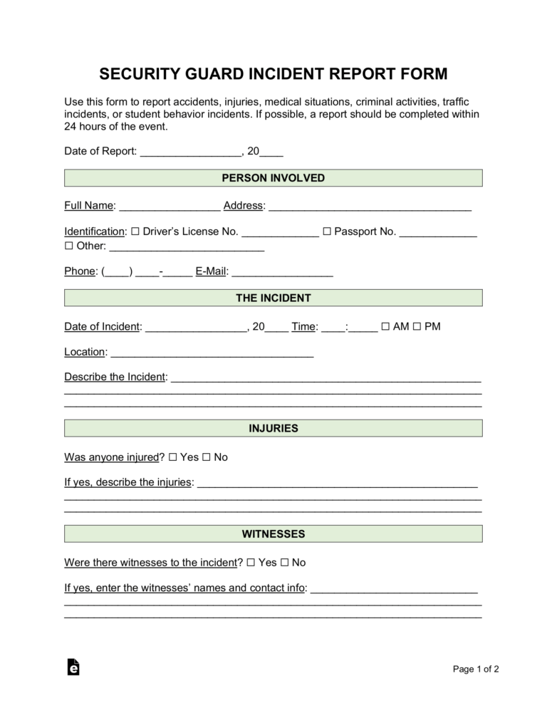 Free Security Guard Incident Report Template – Word PDF – EForms For ...