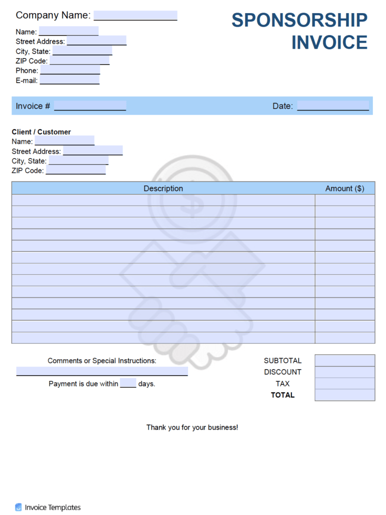 Free Sponsorship Invoice Template PDF WORD EXCEL Intended For Blank ...