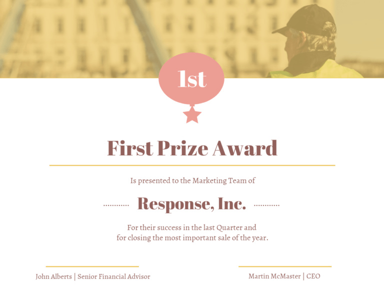 Gold First Prize Award Certificate Template With First Place ...