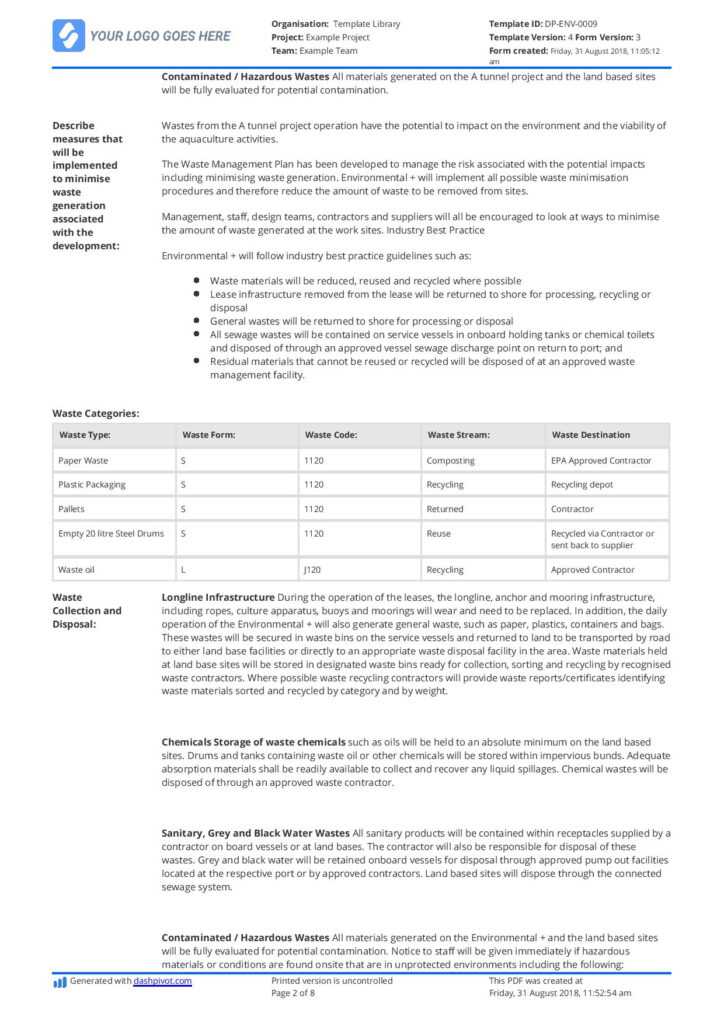 Hazardous Waste Management Plan Template – Free And Editable With Waste ...