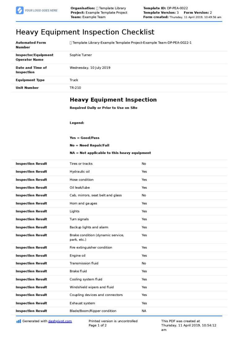 Heavy Equipment Inspection Checklist template (Free editable form) In ...