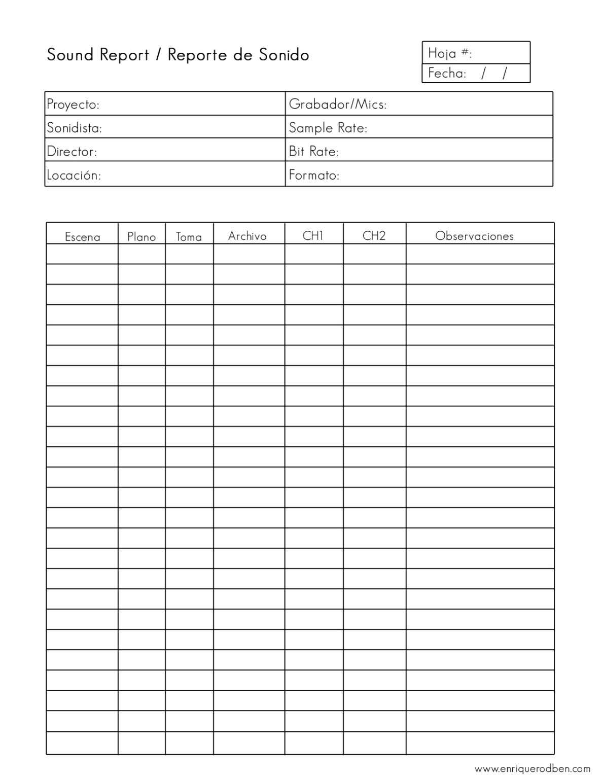 Hoja De Anotación De Sonido – Sound Report Template – Enrique Bencomo ...
