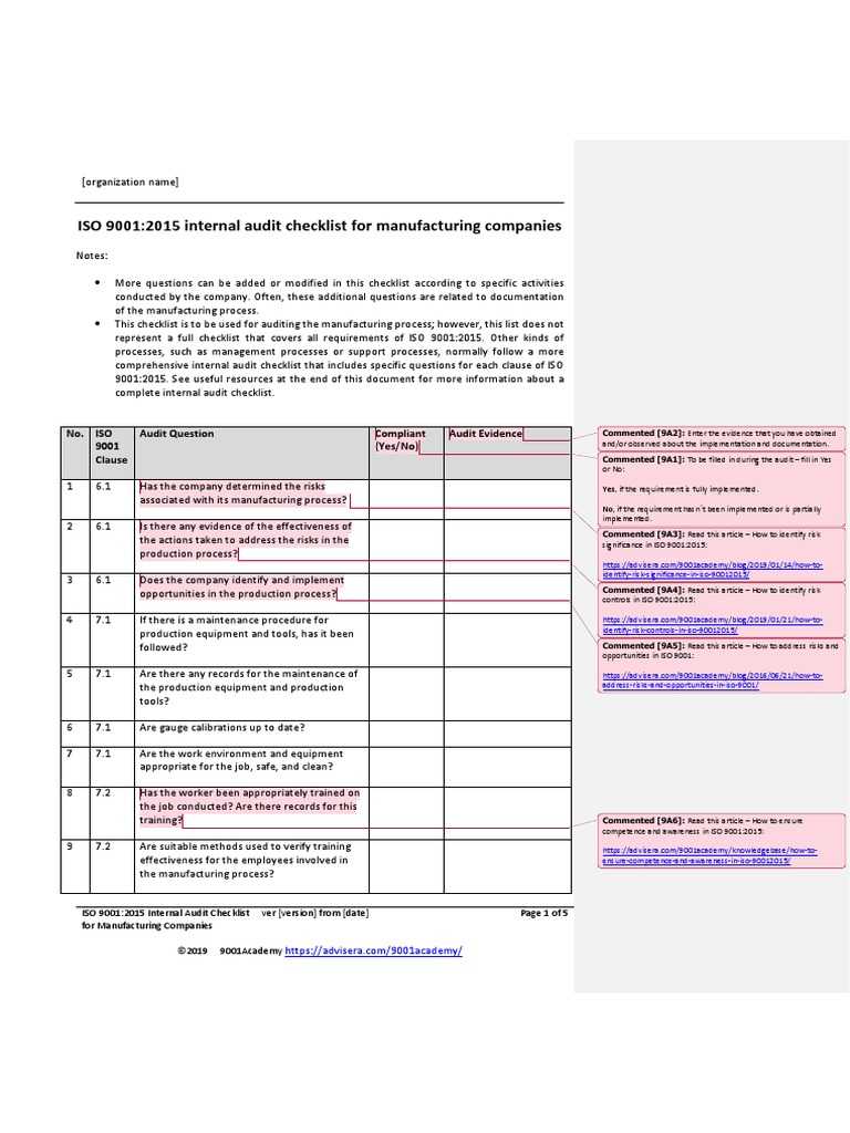 ISO 10 10 Internal Audit Checklist For Manufacturing Companies Within ...