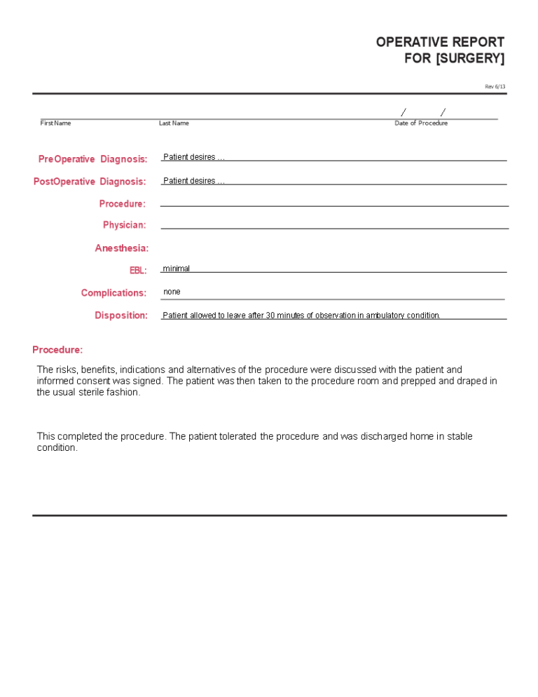 Kostenloses Operative Report In Operative Report Template ...