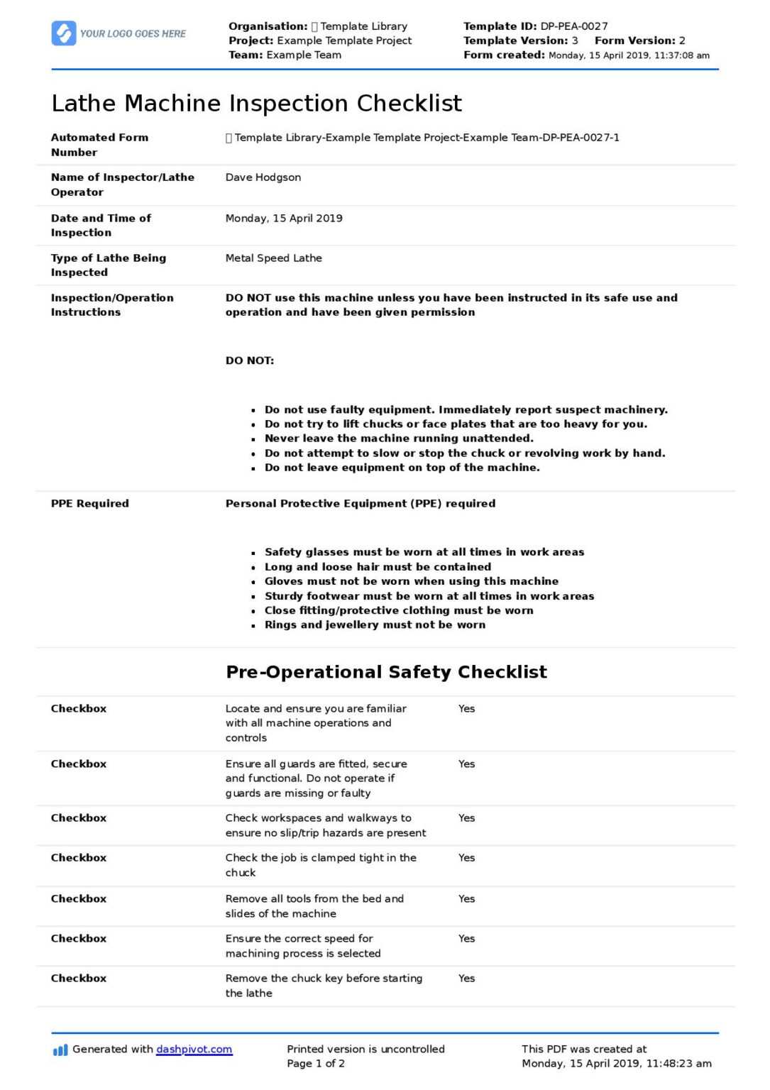 Lathe Machine Inspection Checklist (Free And Flexible Template) With ...