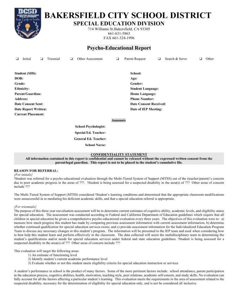 Loo, John Psychoeducational Report Inside Psychoeducational Report ...