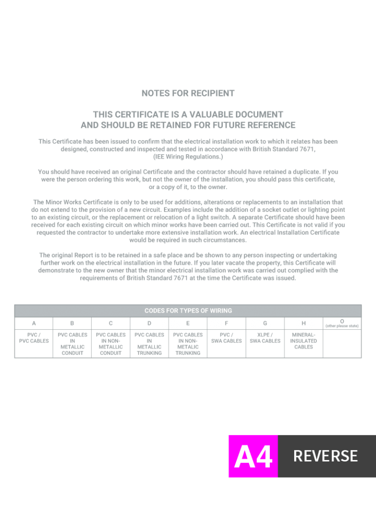 Minor Electrical Installation Work Certificate Template For Print ...