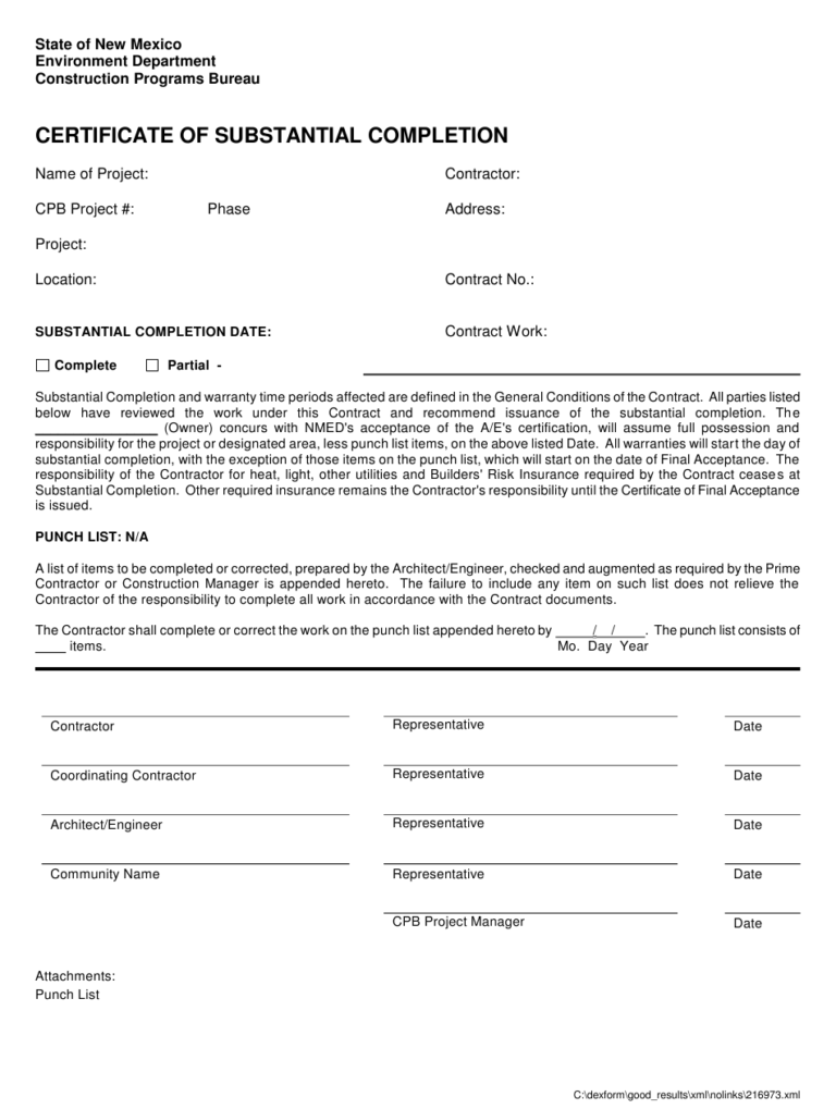 New Mexico Certificate Of Substantial Completion Form Download Intended ...