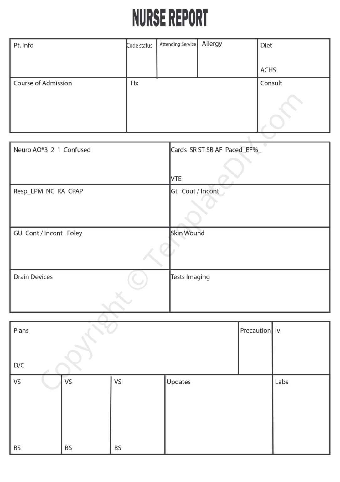 Nurse Report Template Blank Printable [PDF, Excel & Word] For Nurse Shift Report Sheet Template ...