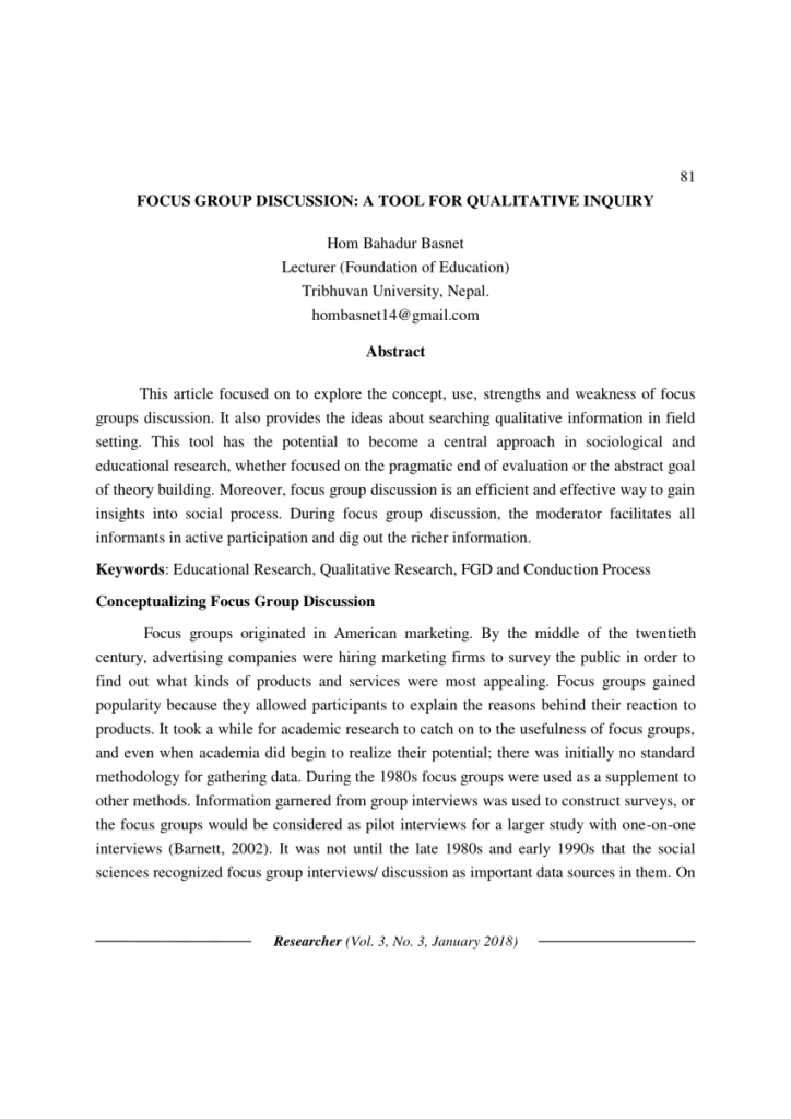 PDF) FOCUS GROUP DISCUSSION: A TOOL FOR QUALITATIVE INQUIRY For Focus ...