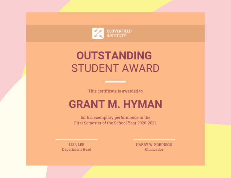 Peach Student Award Certificate Template For Student Of The Year Award ...