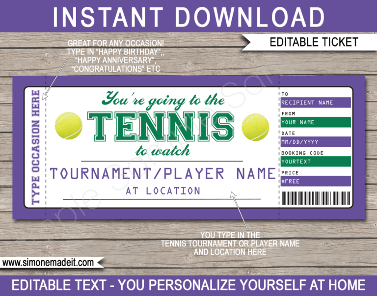 Printable Surprise Tennis Tickets Gift Voucher Template Gift For Tennis ...