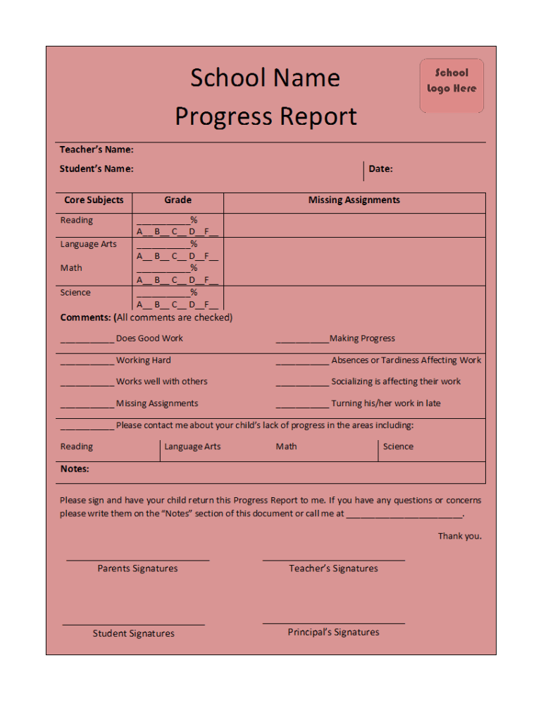 School Progress Report Template