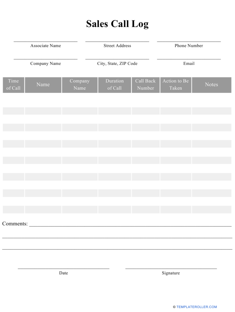 Sales Call Log Template Download Printable PDF Templateroller ...