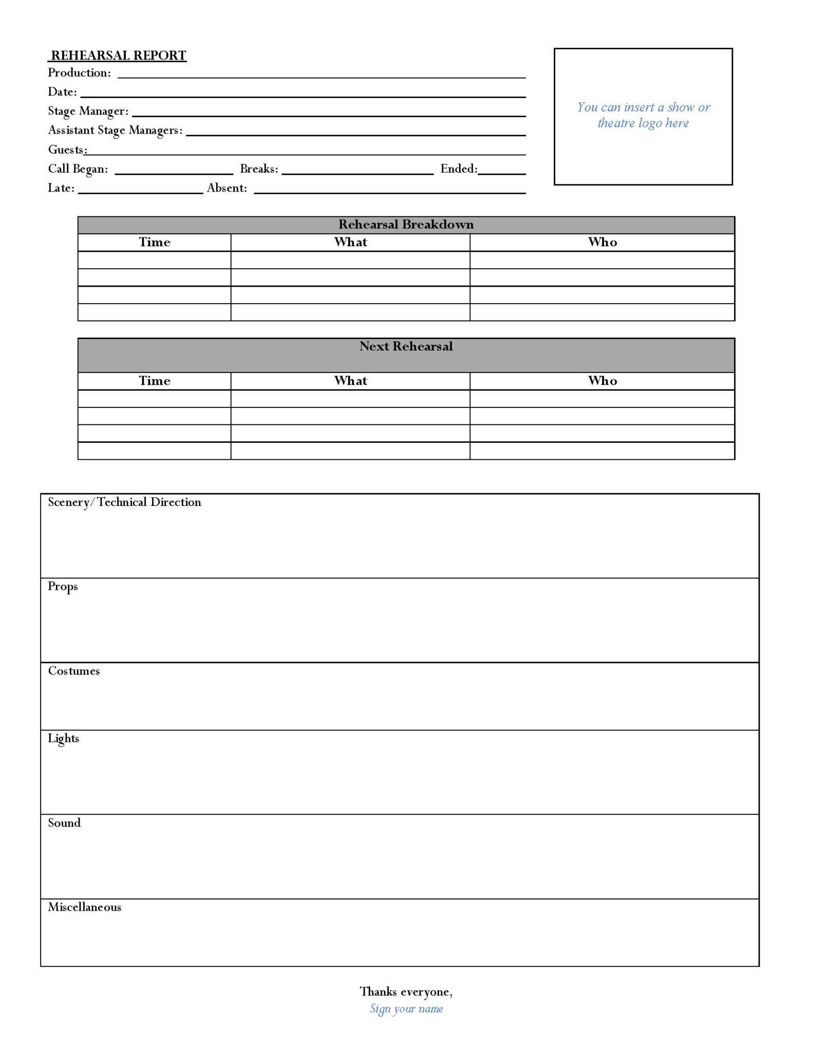 The Stage Manager’s Toolkit Intended For Rehearsal Report Template ...