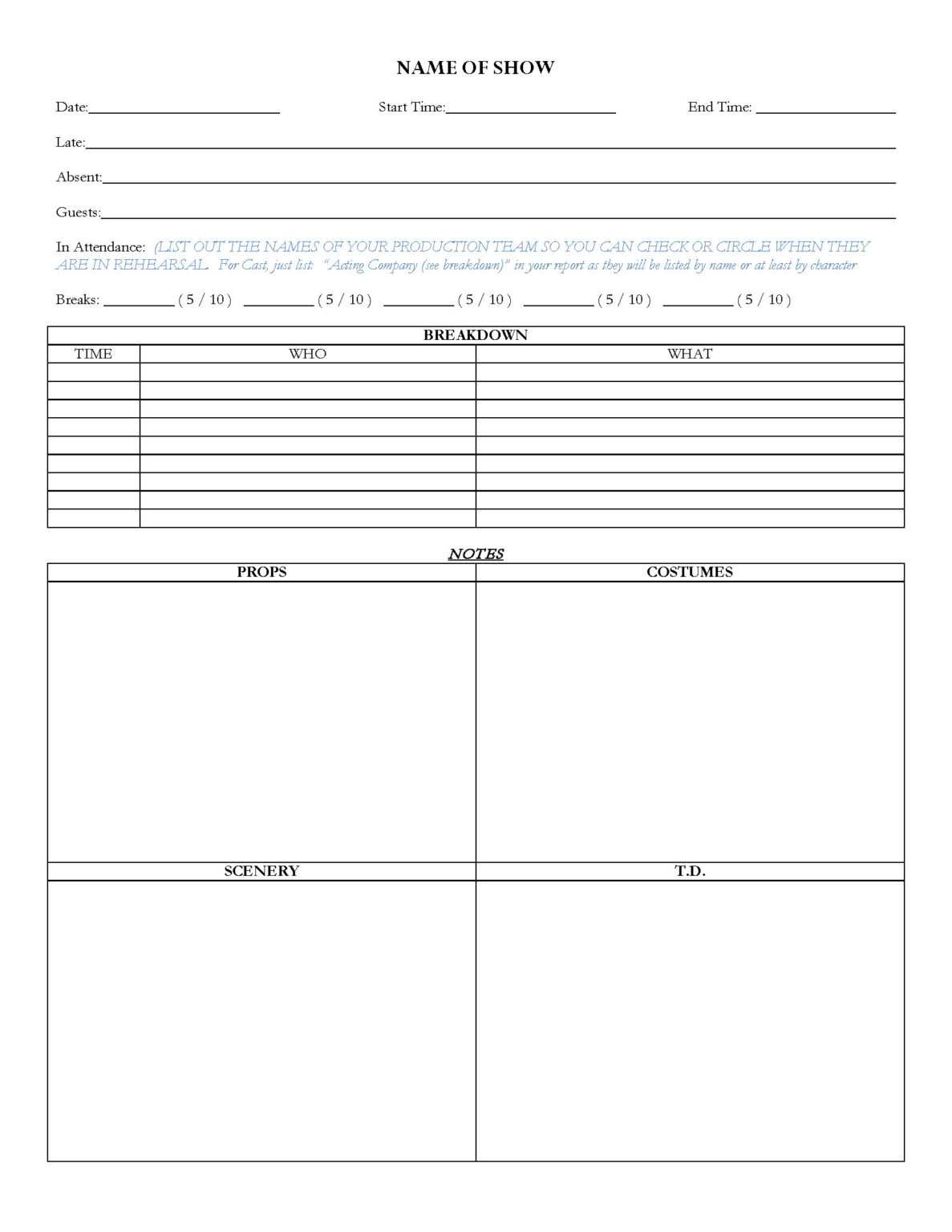 The Stage Manager’s Toolkit Within Rehearsal Report Template ...